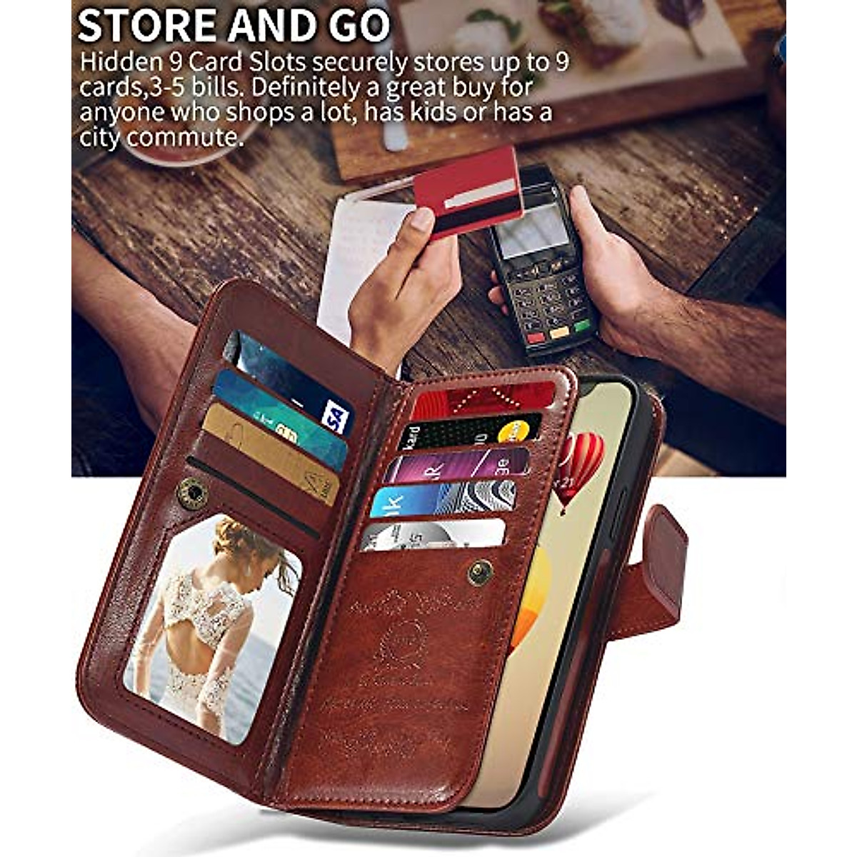 CASEOWL Wallet Case Compatible for iPhone 12/12 Pro, Magnetic Detachable Slim Case with 9 Card Slots, Hand Strap,Compatible for iPhone 12/12 Pro 6.1 inch 2020, 2 in 1 Folio Leather Wallet Case(Brown)
