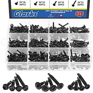 Glarks 420Pcs 410 Stainless Steel #8 TEK Screw Assortment Kit, 3 Styles Hex Washer Head & Modified Truss Head & Phillips Round Head Self Drilling Sheet Metal Screws, Length 5/8" to 1-1/4", Black