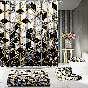 4 Pcs Bathroom Shower Curtain Set, Honeycomb Marble Bathroom Sets with Rugs(Bath Mat,U Shape and Toilet Lid Cover Mat) and 12 Durable Hooks
