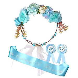 MEANT2TOBE Baby Shower Decoration for Mom To Be and Dad To Be, Blue Flowers style Tiara + Blue & White Sash + Blue & White Dad to be pin, Maternity Gift for Her and Him, mommy to be sash