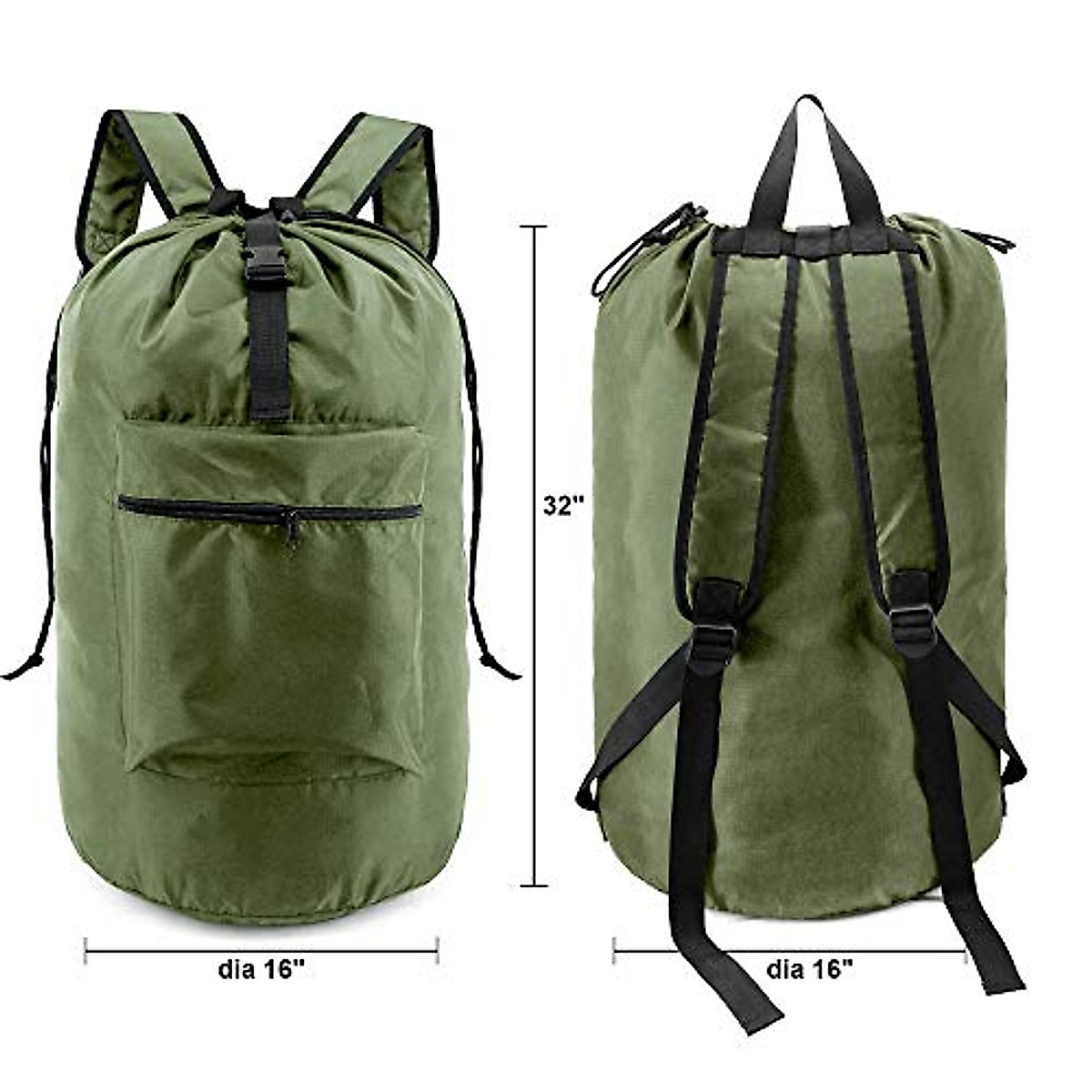 BeeGreen Moss Green Laundry Backpack Bag w Adjustable Shoulder Straps Black Hanging Laundry Hamper Bag X-Large Over The Door Hanging Laundry Bag with 2 Hook Types