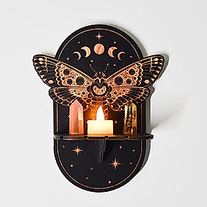 Moon Moth Shelf Crystals 10x5.5 inch Wooden Black Golden Boho Holder with Snake Pattern Crystal Gemstones Display Essential Oil Candles Gothic Home Decor (Type3-Butterfly)