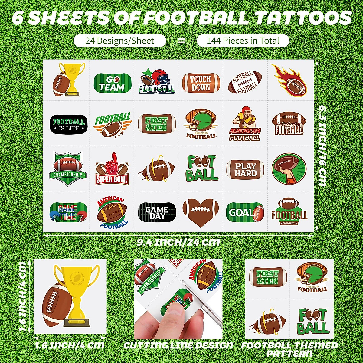 ADXCO 144 Pieces Football Tattoos Football Face Stickers Temporary Tattoos for Football Game Party Decorations Favors Supplies, 24 Designs