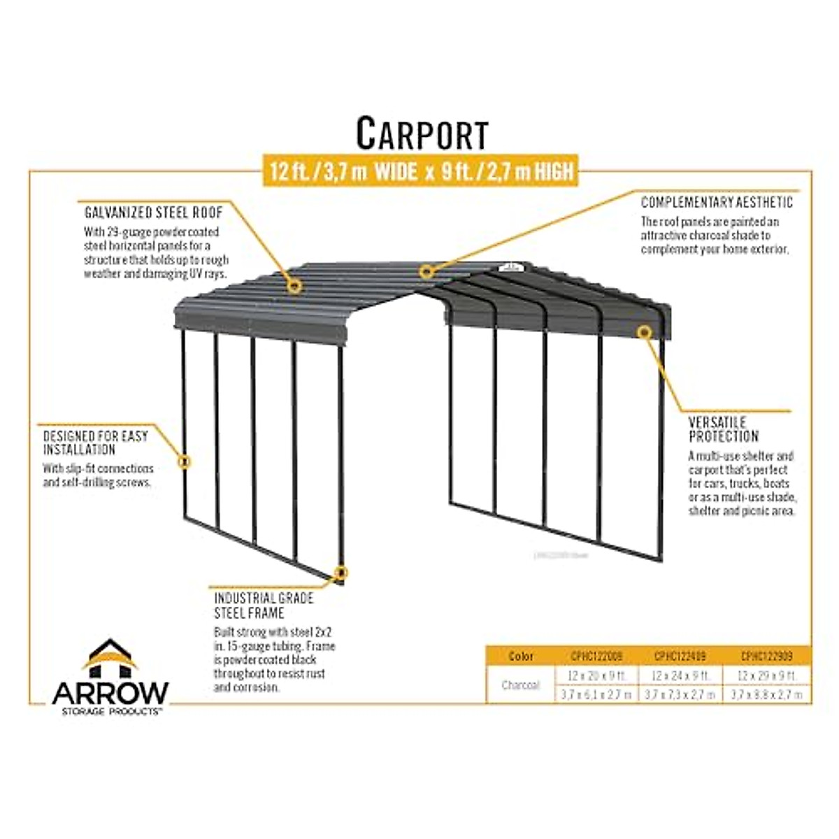 Arrow Carports Galvanized Steel Carport, Full-Size Metal Carport Kit, 12' x 20' x 9', Charcoal