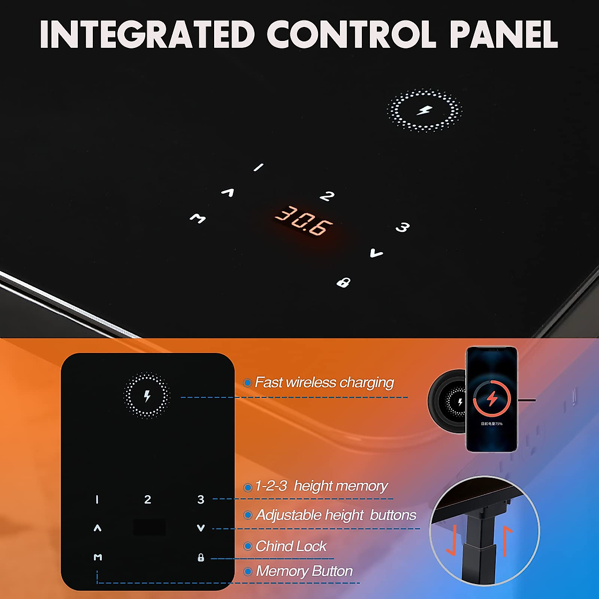 AIMEZO Standing Desk with Drawer Ergonomic Tempered Glass Electric Sit-Stand Height Adjustable Computer Workstation,with Touchscreen Controller&Wireless Charging &USB Port, and Power Strip