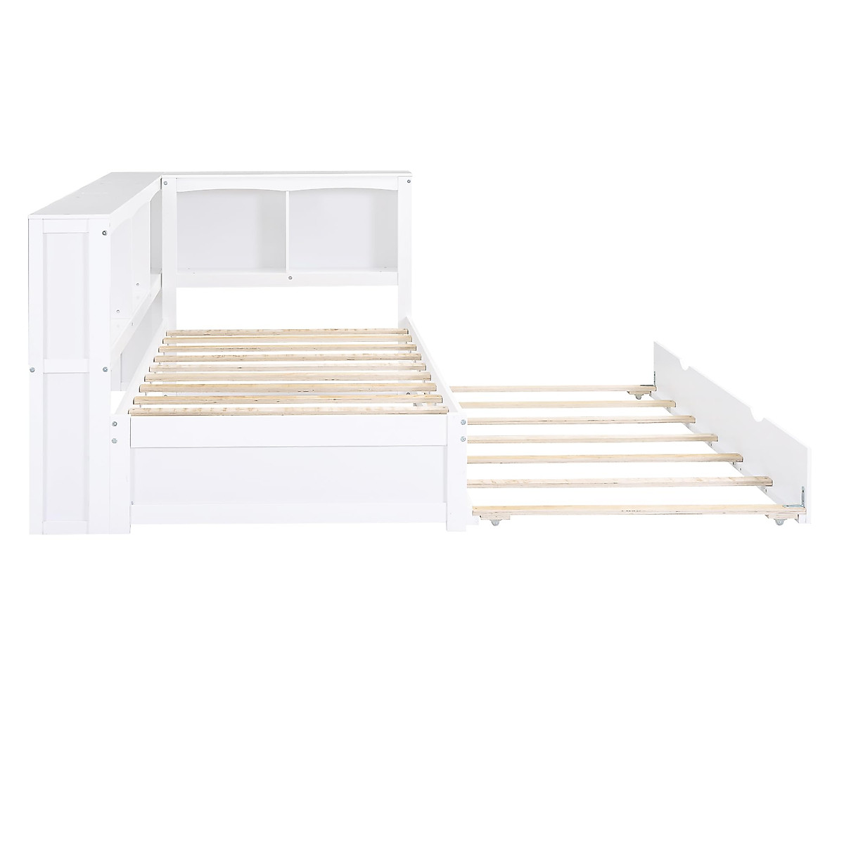Quarte Twin Size Daybed with Trundle, L-Shaped Storage Cabinets and USB Ports, Wooden Platform Bed for Kids Boys Girls Teens Adults (White+USB Ports)