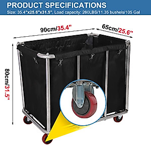 Large Laundry Cart with Wheels,Commercial Stainless Steel Heavy Duty Service Cart Laundry Hamper for Hotel/Home/School/Resort