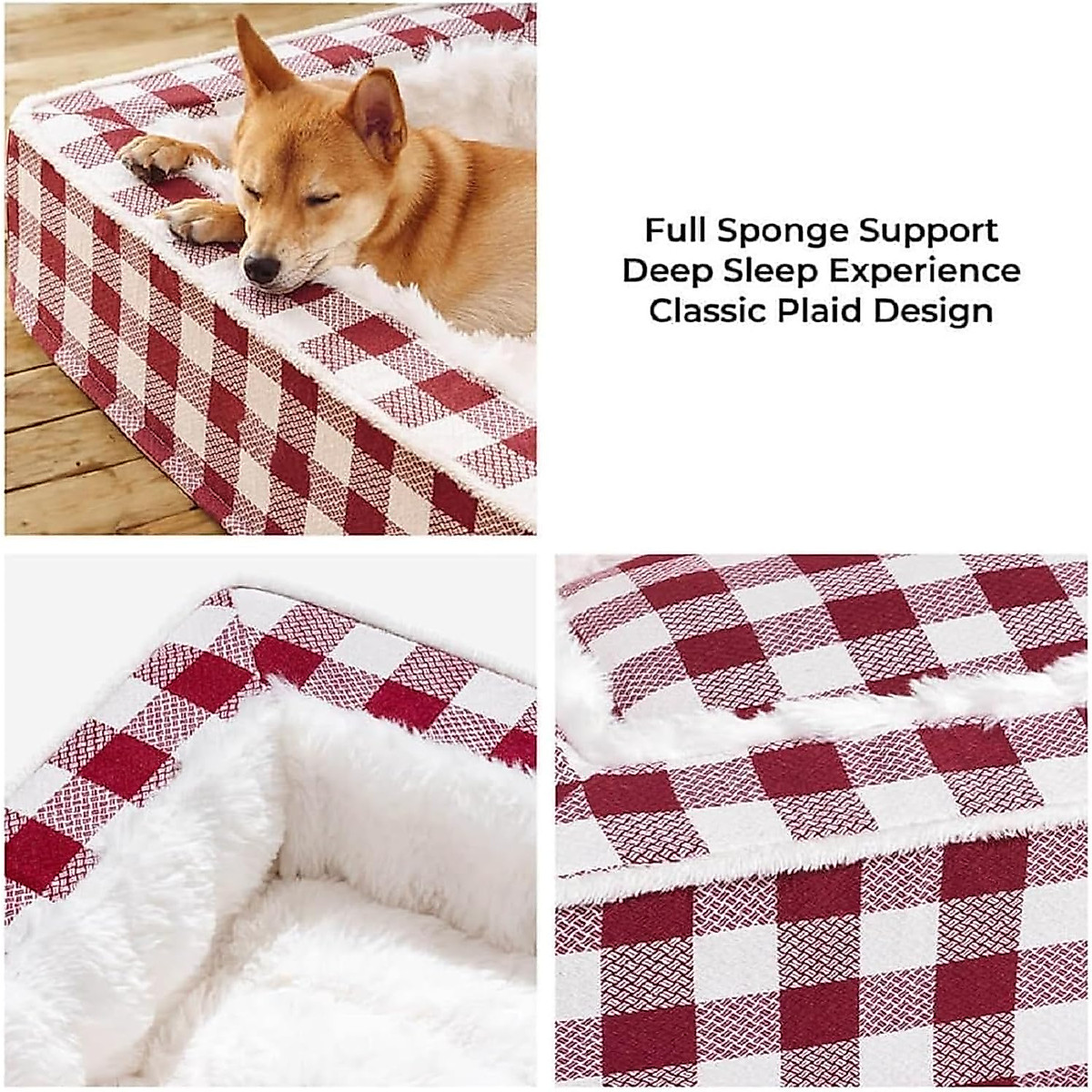 Tartan Cozy Dog Anti-Anxiety Calming Bed, Removable Dog Bed, Christmas Classic Tartan Pet Bed, Funny Fuzzy Dog Bed, Suitable for All Seasons, Made of Pure Cotton (Red, 25.59 * 19.69 * 6.3 in)