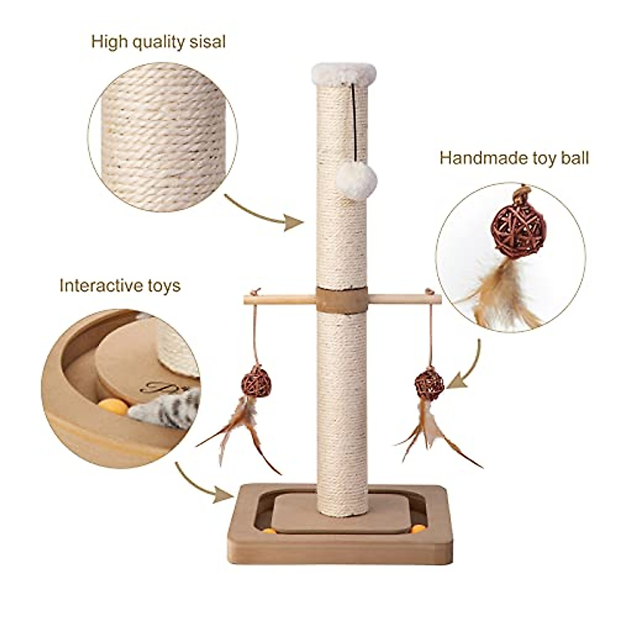 PEEKAB Cat Scratching Post Premium Sisal Toll Scratch Posts with Tracking Interactive Toys Vertical Scratcher for Indoor Cats and Kittens- 25 inches Beige