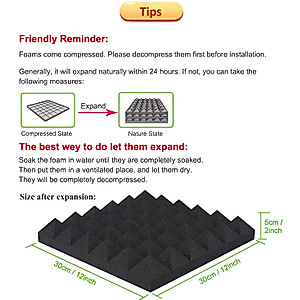 12 Pack Sound Proof Foam Panels,2"x12"x12"Self Adhesive Acoustic Foam Panels, Studio Wedge Tiles with High Density Fireproof,Sound Proofing Padding for Wall,Ceiling,Door,Bedroom(Black)