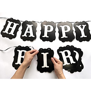 Large Black Happy Birthday Banner, Happy Birthday Bunting Sign with White Letters, Happy Birthday Decorations for Boys Women Men
