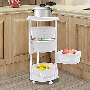 LOYALHEARTDY Rotating Storage Rack 4 Tier Round Mesh Baskets Storage Shelf Rack Adjustable Height Kitchen Storage Shelf with 5 Lockable Casters for Kitchen Bathroom Bedroom White