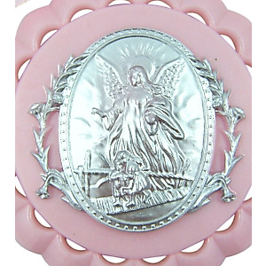 Moulded Acrylic Pink Crib Medal with Guardian Angel for Baby Girl Nursery Decor, 3 1/2 Inch