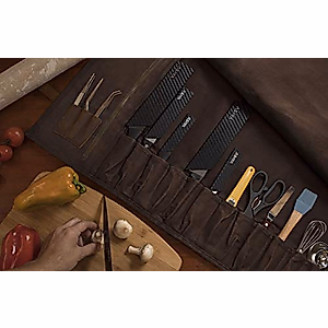 Asaya Waxed Canvas Knife Roll - 15 Knife Slots, Card Holder and Large Zippered Pocket - Genuine Leather, Cloth and Brass Buckles - for Chefs and Culinary Students - Knives Not Included