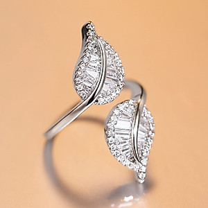 Vsoruln Diamond Leaf Ring for Women Wedding Band Sterling Silver Twisted Olive Branch Leaf Simulated Round Brilliant Adjustable Open Zircon Ring Promise Wedding Band