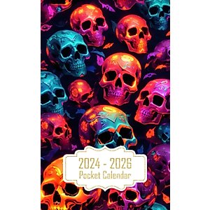 Pocket Calendar 2024-2026: Two-Year Monthly Planner for Purse , 36 Months from January 2024 to December 2026 | Neon skulls | Halloween pattern | Artistic masterpiece