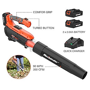 MAXLANDER Leaf Blower Cordless with Battery and Charger, 350CFM Battery Powered Leaf Blowers for Lawn Care, 2-Speed Mode Electric Leaf Blower for Snow Blowing 2PCS 2.0Ah Batteries Included