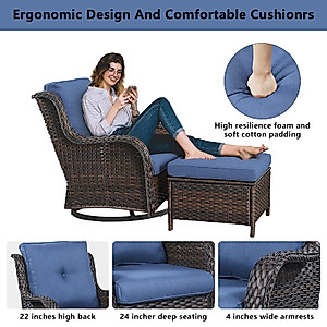 Belord Wicker Patio Furniture Sets - 8 Piece Rattan Outdoor Furniture Conversation Sets with 4 Swivel Rocker Chairs, Rattan Sofa, Wicker Ottomans and Coffee Table, Brown/Blue