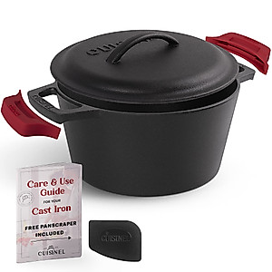 Cuisinel Cast Iron Dutch Oven - 3-Quart Deep Pot + Lid + Pan Scraper + Handle Covers - Large Pre-Seasoned Cooker for Baking Bread, Soup, Frying - Indoor/Outdoor Kitchen, Camping, Fire, BBQ Cookware