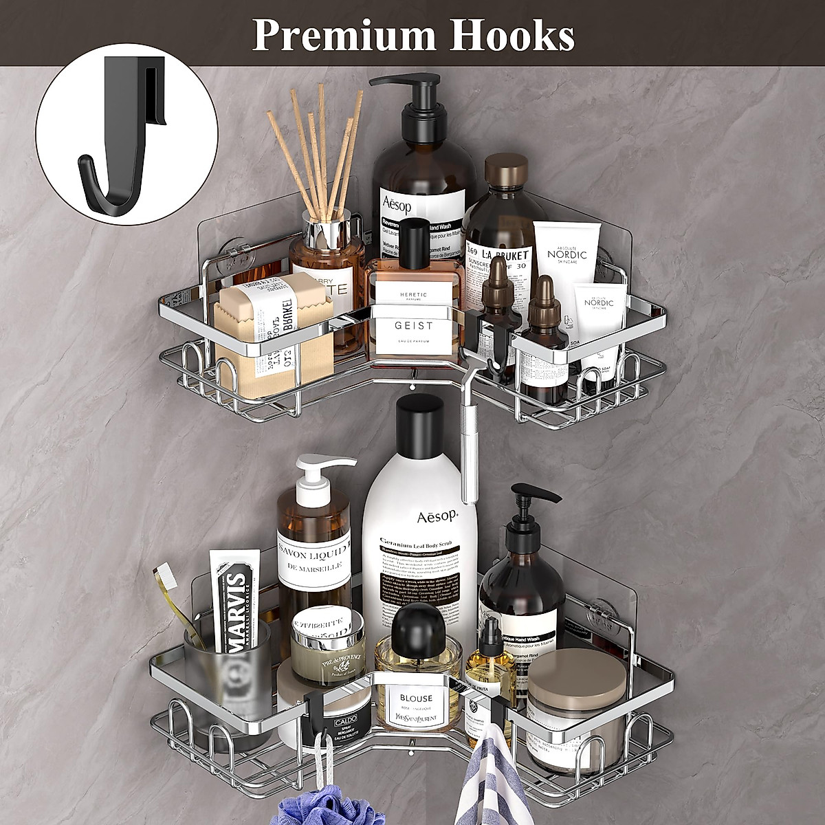 HuggieGems 2 Pack Corner Shower Caddy Organizer Shelf with Hooks, Silver Bathroom Shelves Storage Organization