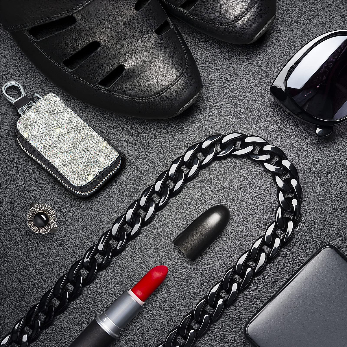 eing Car Key Case Leather Auto Smart Keychain Holder Metal Hook and Keyring Zipper Bag for Remote Key Fob, Bling Key Ring with Pouch Bag,Handbag Charms Purse Keychain for Women - (5Pack,Silver)