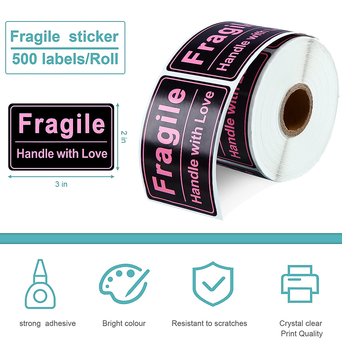 500 Pieces 2 x 3 Inch Black Pink Fragile Handle with Love Labels Stickers Self-Adhesive Stickers for Shipping Mailing Packing Envelope Present Jewelry Bag