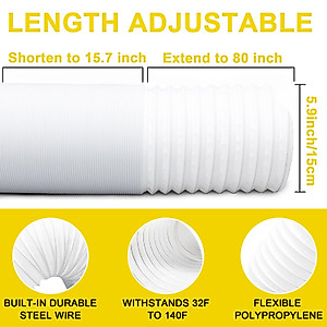 Portable Air Conditioner Hose, 5.9" Diameter Anti-Clockwise Thread,Length up to 80" - AC Hose with LG and More