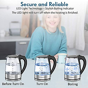 MegaWise 1500W Electric Kettle, 1.8L Borosilicate Glass Tea Kettle with LED Light, Auto Shut-Off and Boil-Dry Protection Cordless Kettle Fast Boiling, BPA Free