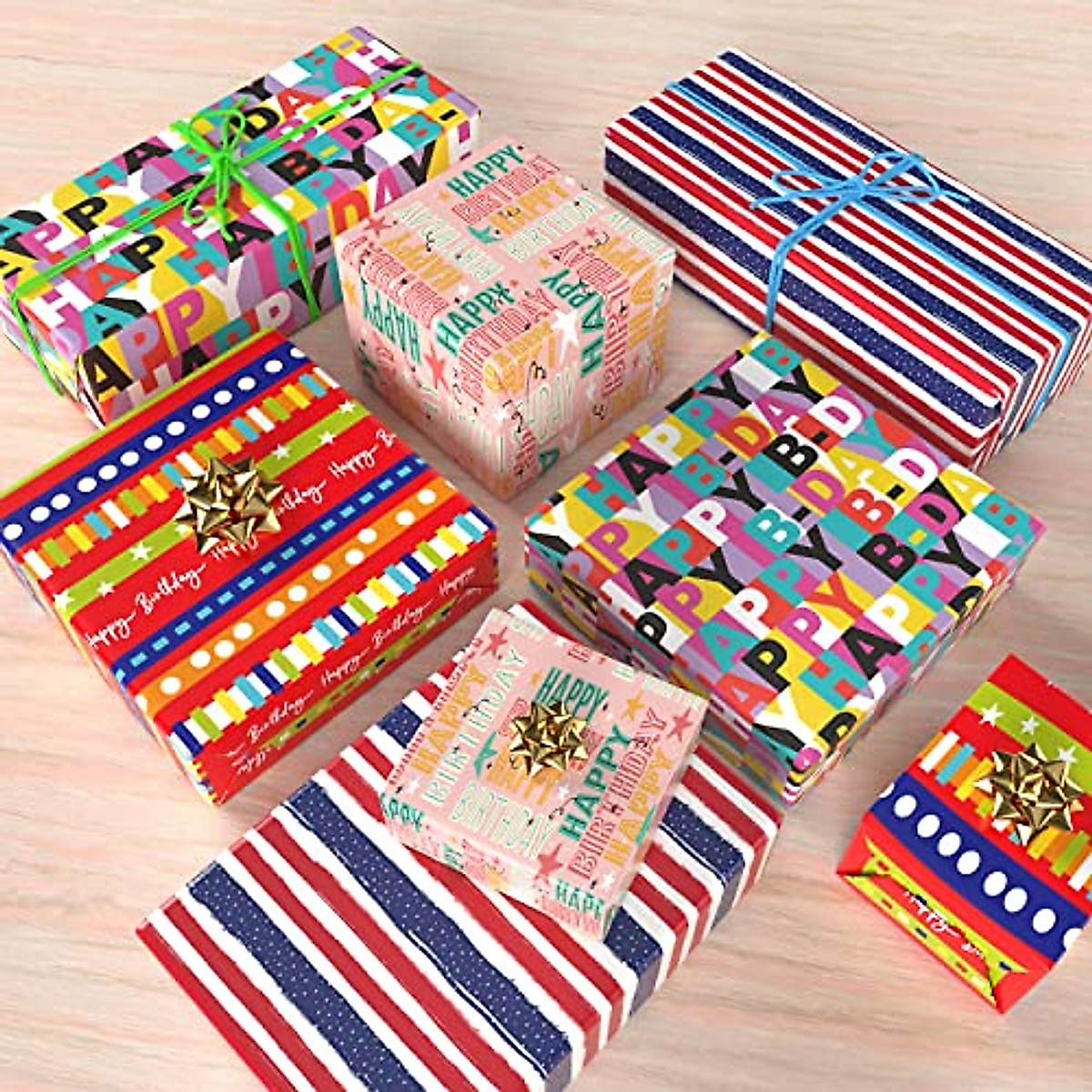 GIOLAINY Birthday Wrapping Paper for Kids Boys Girls Adults - Gift Wrapping Paper with Bright "Happy Birthday" Words, Blue Stripes and Star Design - 8 Sheets (20*29 Inch per Sheet), Recyclable, Easy to Store, Not Rolled