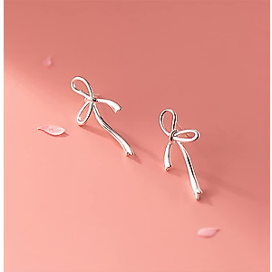Reffeer Solid 925 Sterling Silver Bow Stud Earrings for Women Teen Girls Bowknot Stud Earrings Drops (A-Silver)