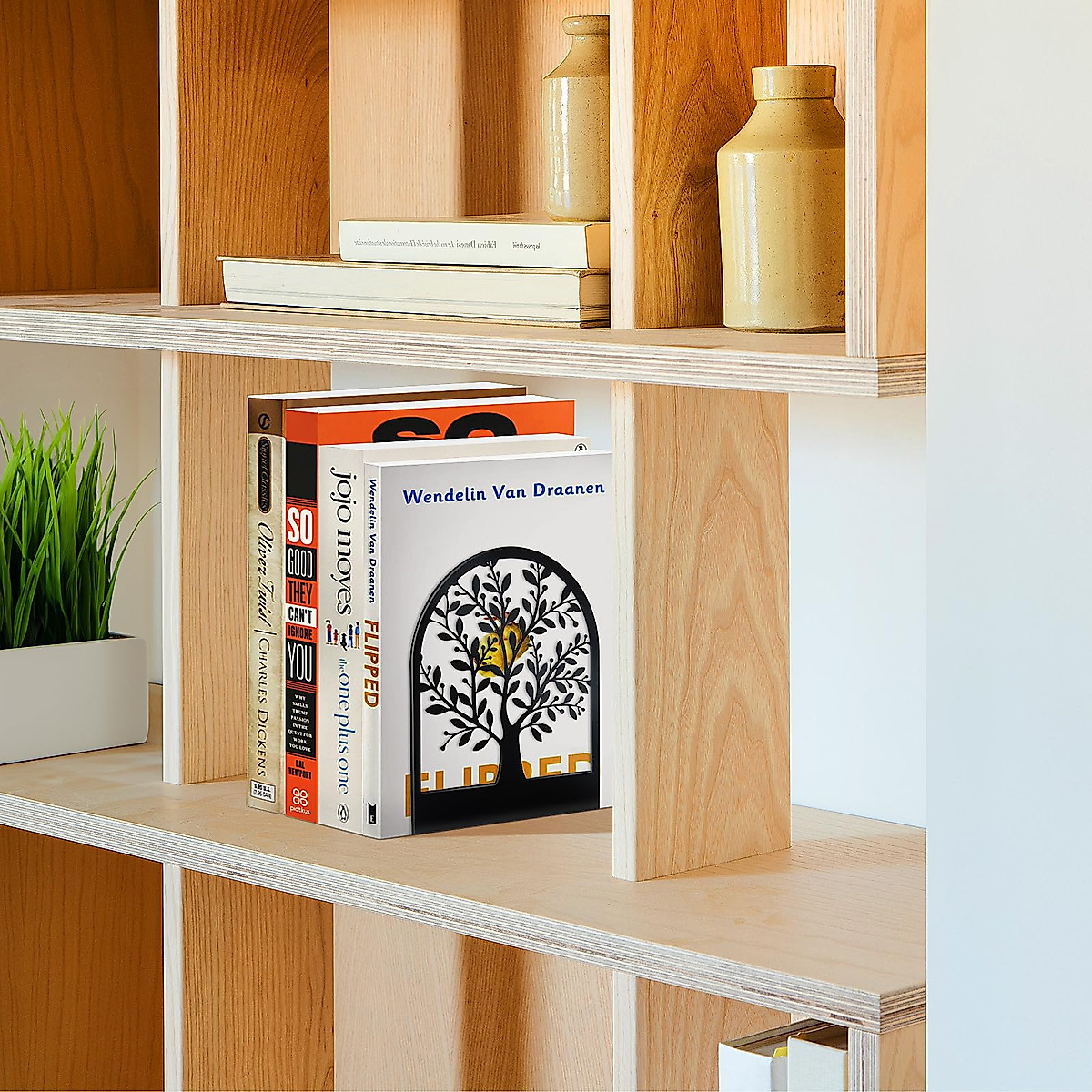 Bookends, Book Ends, Metal Bookend, Tree of Life bookend, Bookends for Shelves, Home Decorative Bookends for Heavy Books, Black Non-Skid Book Stopper, 7 x 5.5 x 3.5 inch (1 Pair)