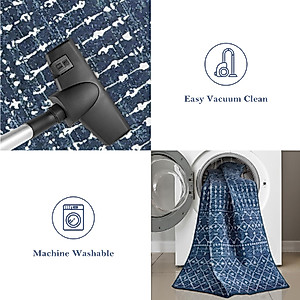 Beeiva Moroccan Washable Living Room Rug, Printed Soft 5x7 Rug with Rubberback Non Slip, Low Pile Distressed Blue Rug No Shedding Dining Room Rug for Bedroom Office