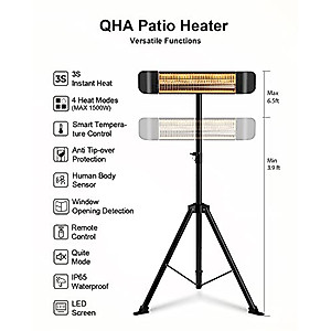 MAXOAK Infrared Patio Heater 1500W Electric Space Heater, Outdoor&Indoor Heater,IP65,Tip-over Protection,Remote Control,Stand/Wall/Ceiling Mounted for Bedroom,Balcony,Courtyard, Garage