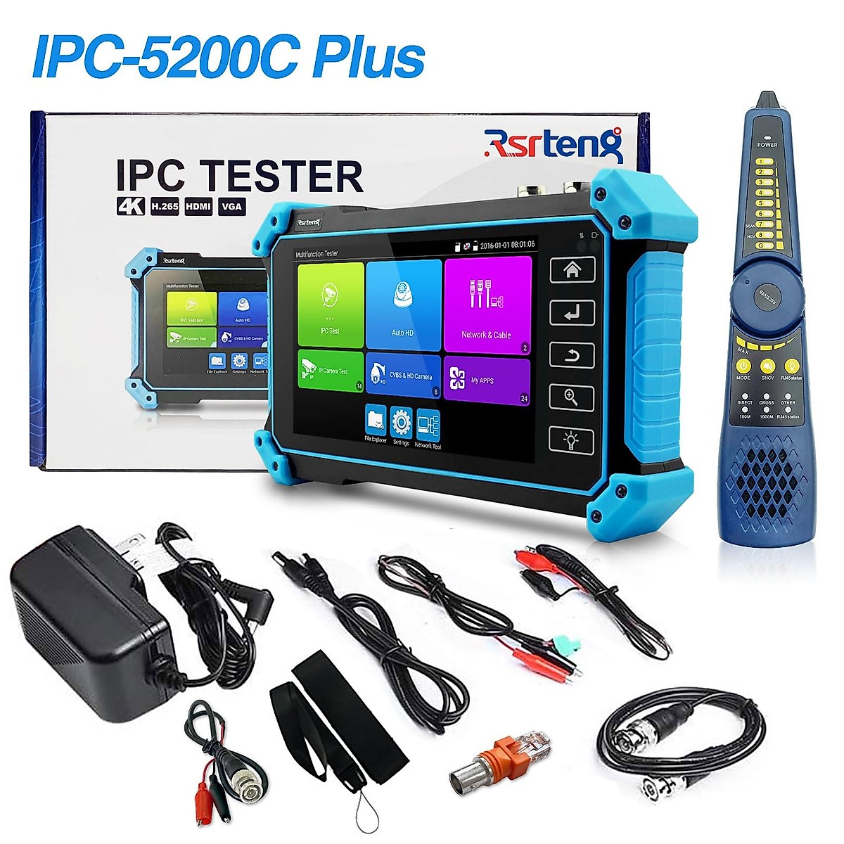 Rsrteng IP Camera Tester with Cable Tracer, IPC-5200C Plus 8MP AHD CVI TVI SDI CVBS IP Camera Test 4K HD Display Video Monitor 5.4 inch IPS Touch Screen IPC Tester Support POE PTZ RS485 HDMI & VGA