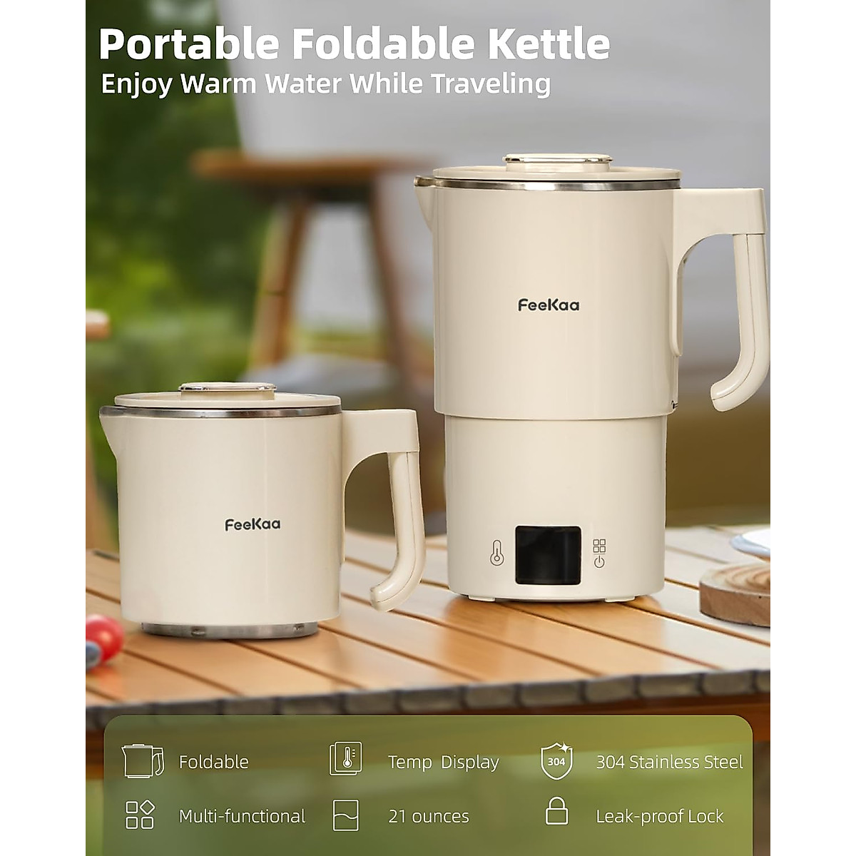 FeeKaa Travel Electric Kettle, Portable Foldable Kettle, 304 Stainless Steel, Small Electric Kettle for Boiling Water with Temperature Control, Tea Kettle for Coffee & Tea, Home & Outdoor, 600ml 600W
