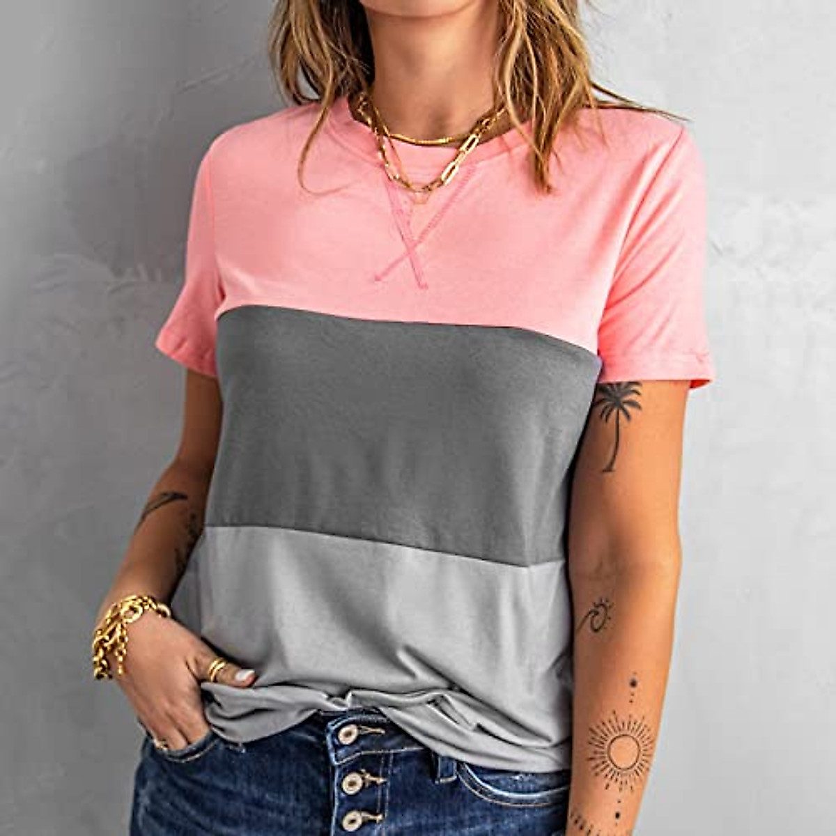 2023 Spring Summer New Matching Short Sleeve Top Shirt Women Loose Versatile Top Color Matching Pink
