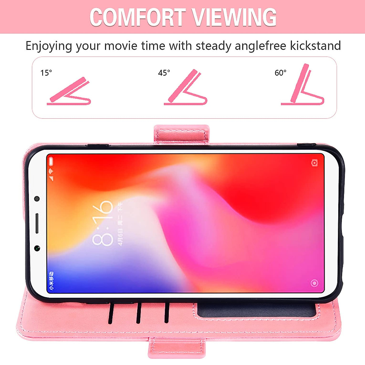Asuwish Compatible with Xiaomi Redmi 6/6A Wallet Case and Tempered Glass Screen Protector Credit Card Holder Flip Purse Accessories Wrist Strap Cell Phone Cover for Redmi6 Redmi6A Women Men Rose Gold