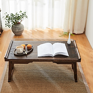 SINOBEST Bed Laptop Desk with Foldable Legs, Breakfast In Bed Serving Tray Table, Japanese Style Floor Table For Tea & Coffee, Antique Meditation Altar Table, Bay Window Wood Table (23.6”x13.4”x10.6”)
