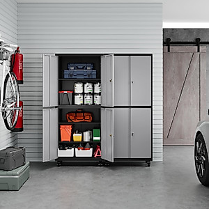 Fesbos Metal Storage Cabinet-Heavy Duty Tool Cabinet Multifunctional Garage Storage Cabinet with Adjustable Shelves&Lockable Doors, Pegboard and Accessories-Black&Gray