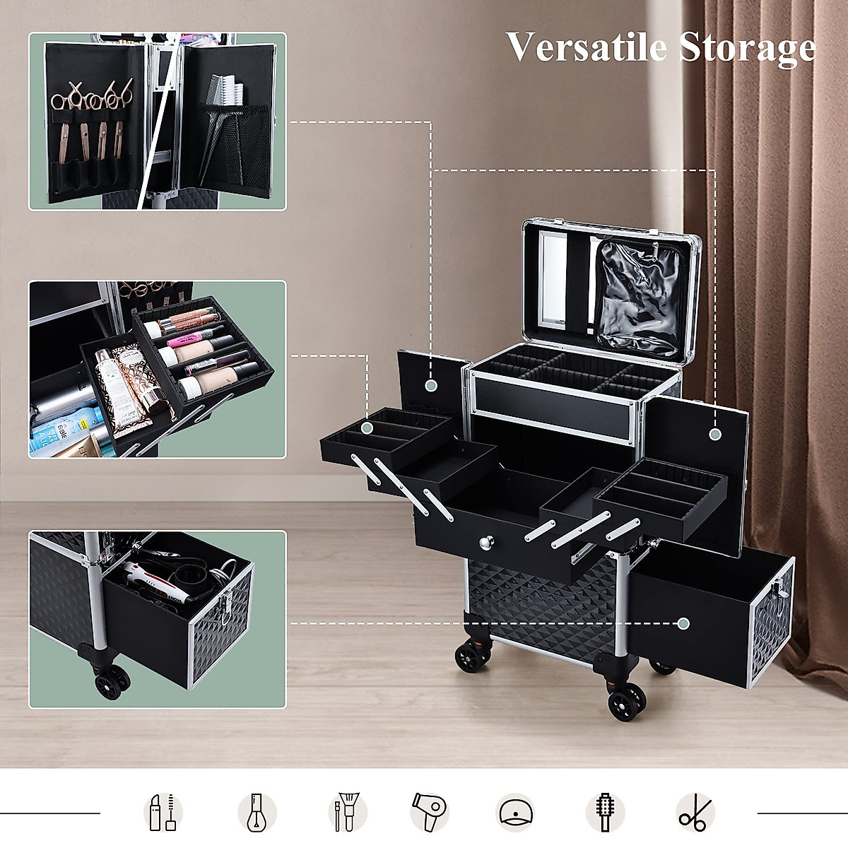 Adazzo Professional Makeup Artist Rolling Train Case Multi-functional Cosmetic Train Case Large Trolley Storage Case for Nail Technicians Cosmetology Case with Compartments for Hairstylist (Black)