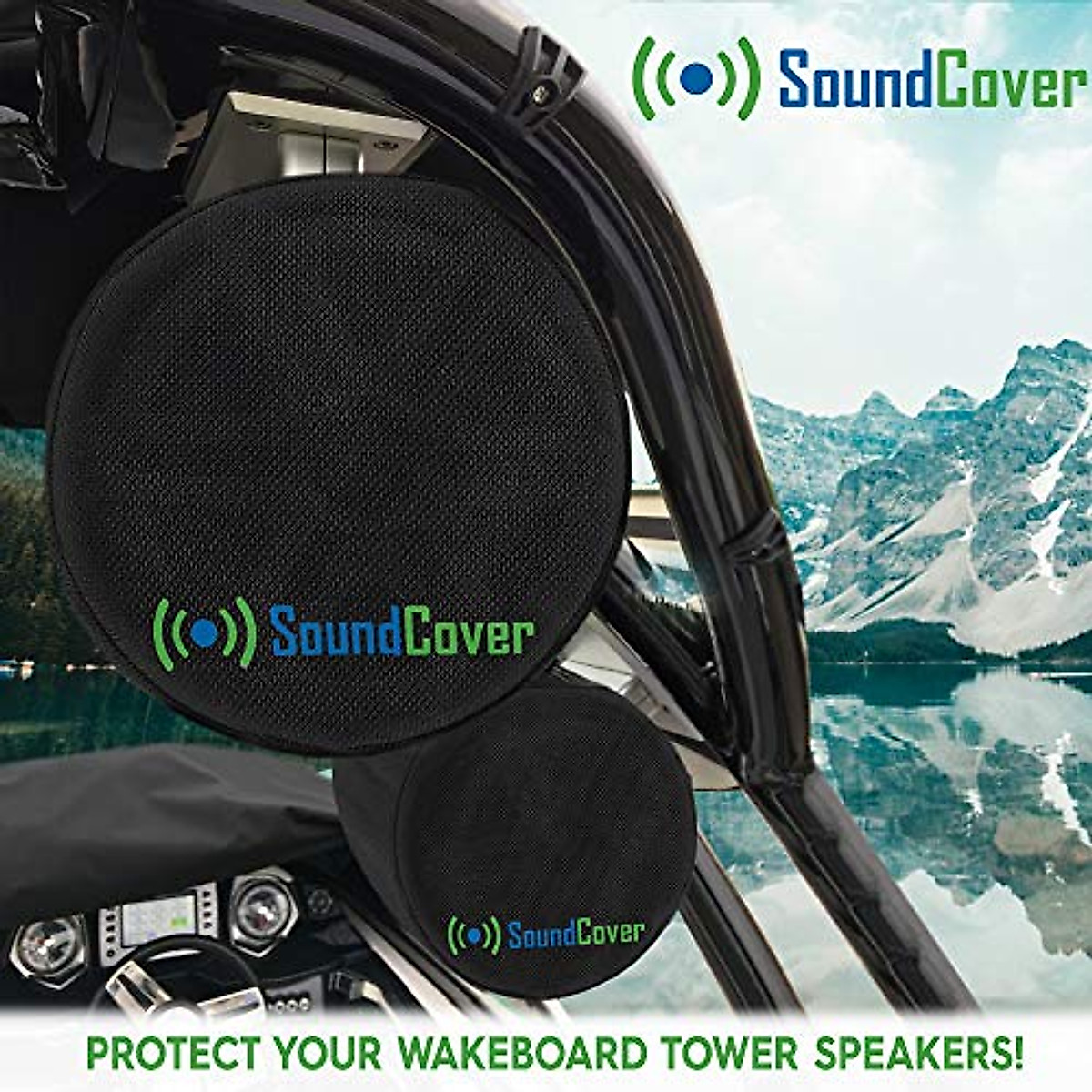 Two Black Heavy Duty Medium Marine Speaker Covers for Round 6.5" & Oval 6x9 Boat Wakeboard Tower Pod Speakers Size H 9.8" x W 9.8" x D 12" - Fits Boss Audio, MCM Custom Audio, Rockville Speakers
