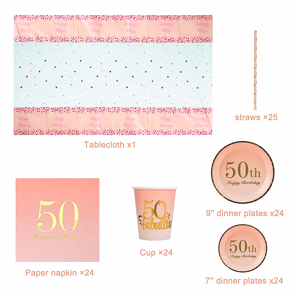 50th Birthday Decorations for Women - 122Pcs Rose Gold 50th Birthday Supplies Include Plates and Napkins, Cups, Straws, Tablecloth, Disposable Tableware for 24 Guests