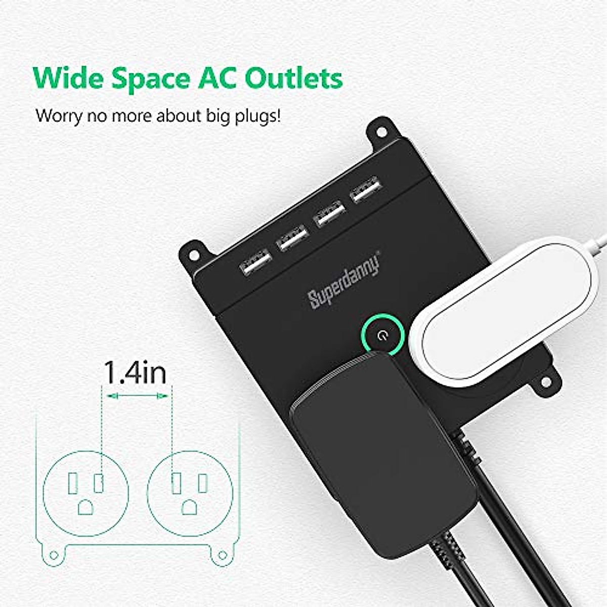 SUPERDANNY Power Strip with USB, 2 Widely Spaced Outlets & 4 USB Ports Desktop Charging Station Wall Mountable Flat Plug Extender with 5ft Extension Cord and Switch for Home Office Nightstand, Black