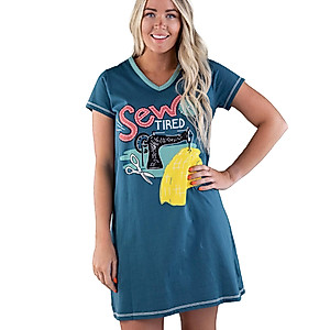 Lazy One Women's Nightgown, Funny V-Neck Sleep Shirt for Women, Sewing PJ Tee (Sew Tired, S/M)