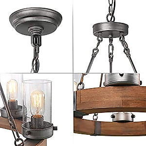 GEPOW Farmhouse Wood Chandelier, Round Wagon Wheel Light Fixture with Seeded Glass Shades for Dining Room, Living Room, Bedroom, Kitchen Island and Foyer
