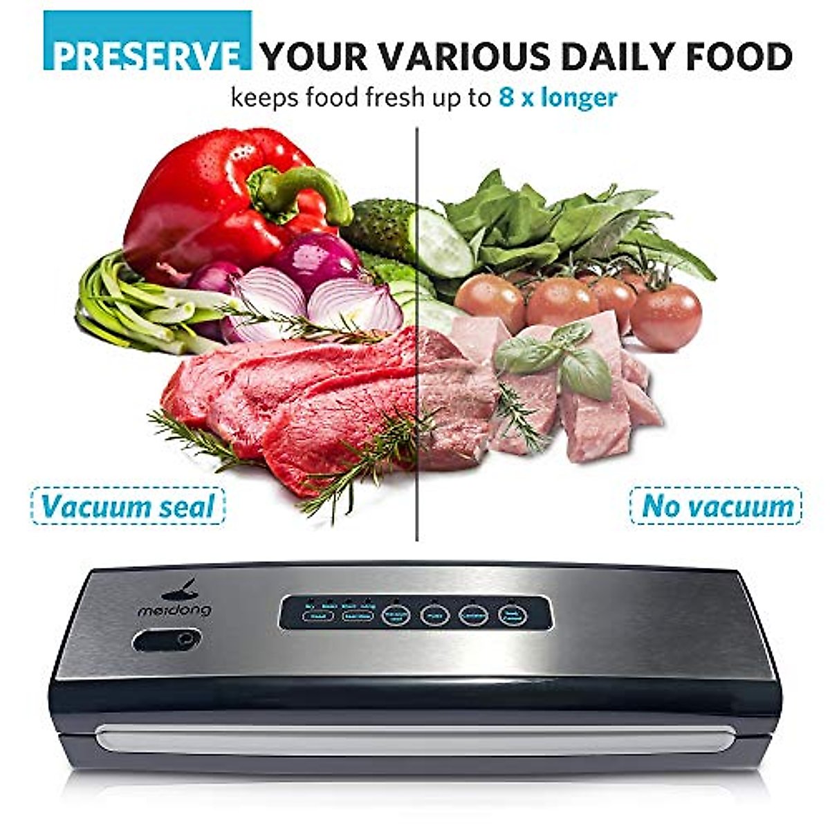 Vacuum Sealer Machine, meidong Food Vacuum Sealer Machine Built in Air Sealing System, Automatic For Food Preservation Storage With Dry & Moist Modes, LED Indicator, Easy to Clean, Compact Design