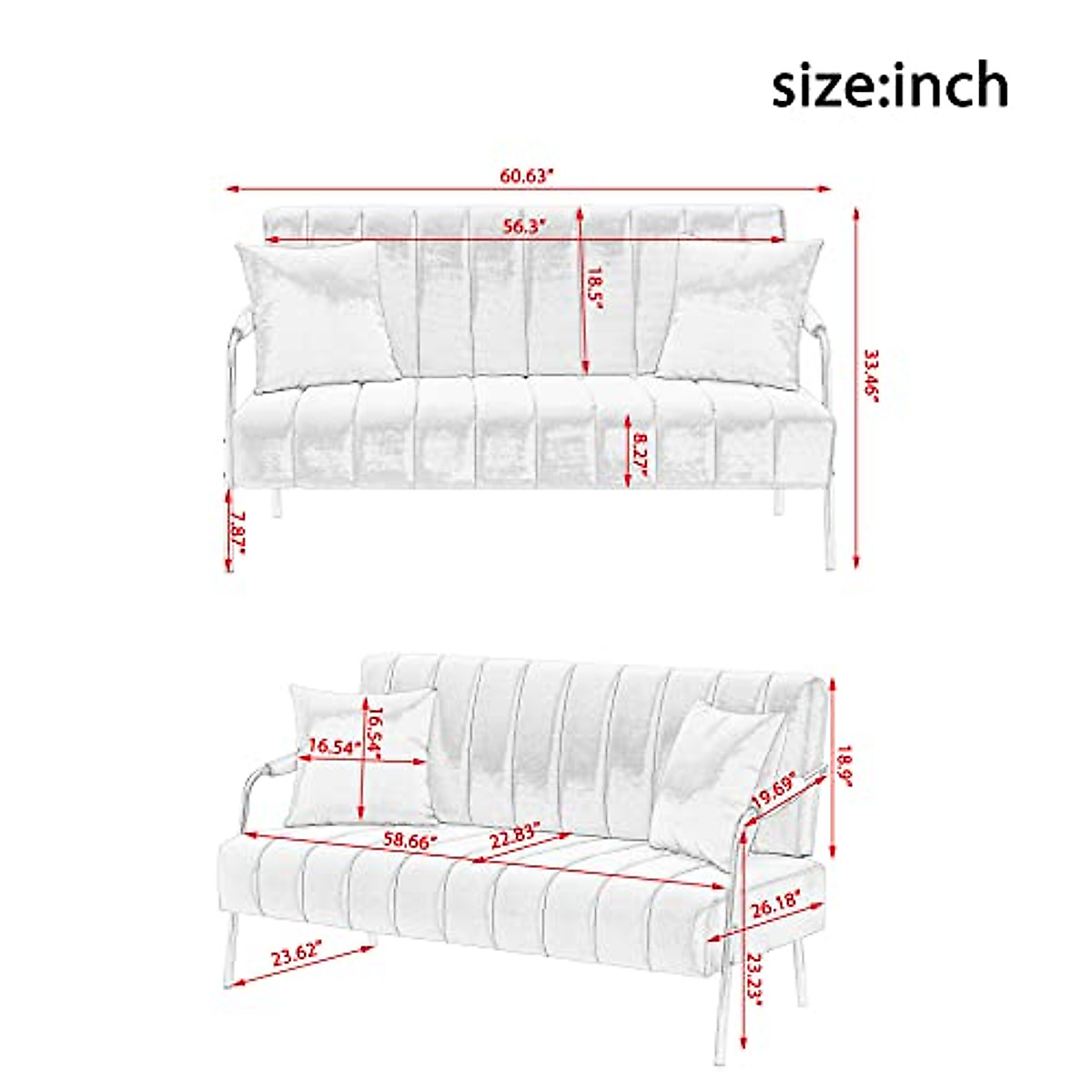 Velvet Upholstery Loveseat Tufted Futon Sofa,Australian Cashmere Fabric Accent 2-Seat Sofá Couch with Metal Legs&Throw Pillows for Living Room/Bedroom/Apartment/Office/Studio/Compact Space