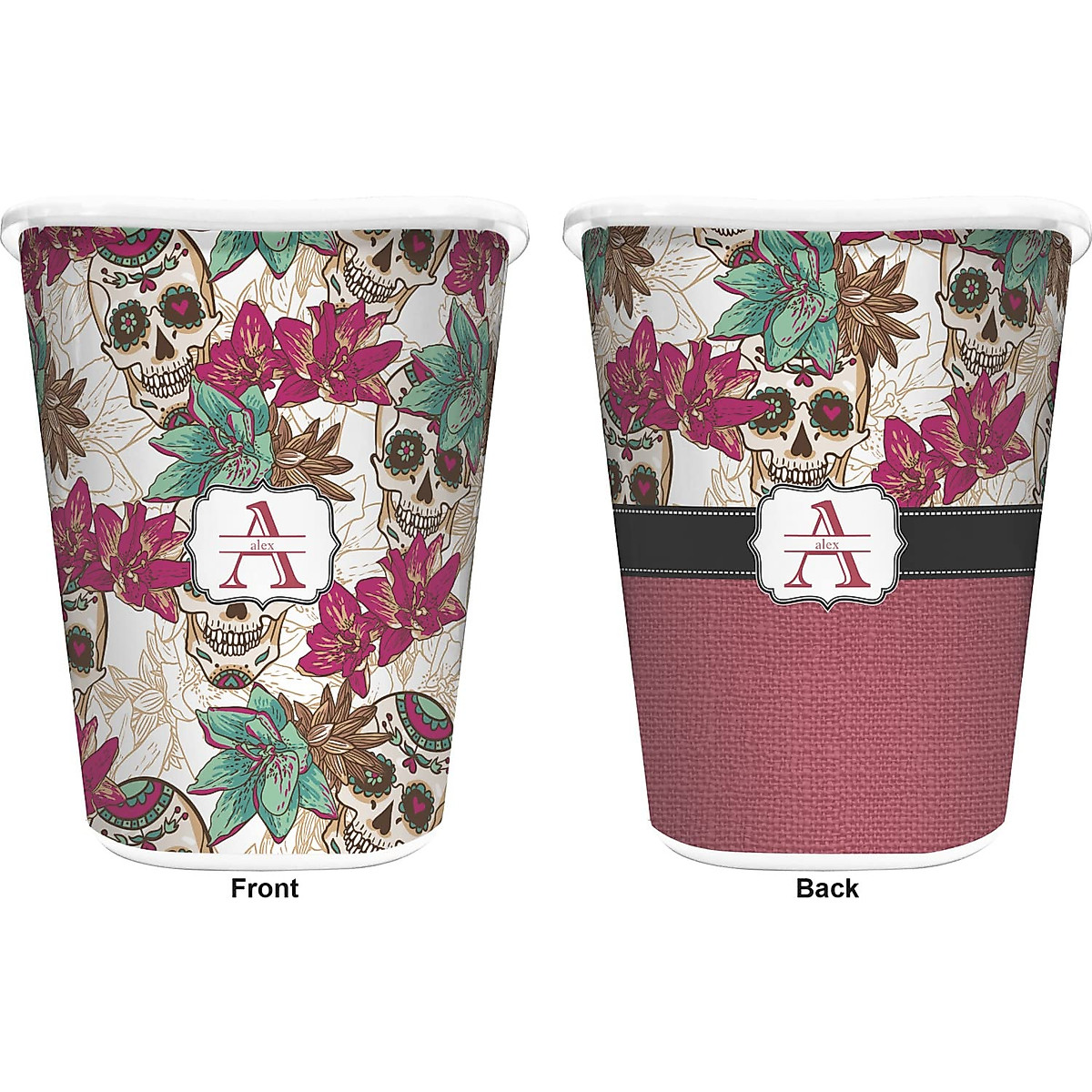 RNK Shops Personalized Sugar Skulls & Flowers Waste Basket - Double Sided (Black)