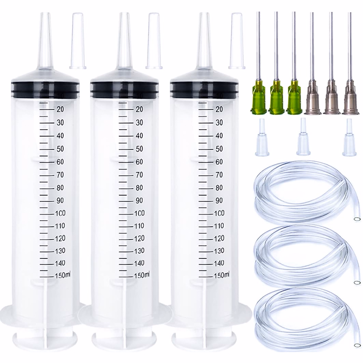 Large Syringes with Tube for Liquid 3 Pack 150ml Plastic Big Syringe with Blunt Needle and Tip Cap, Individual Sterile Sealed