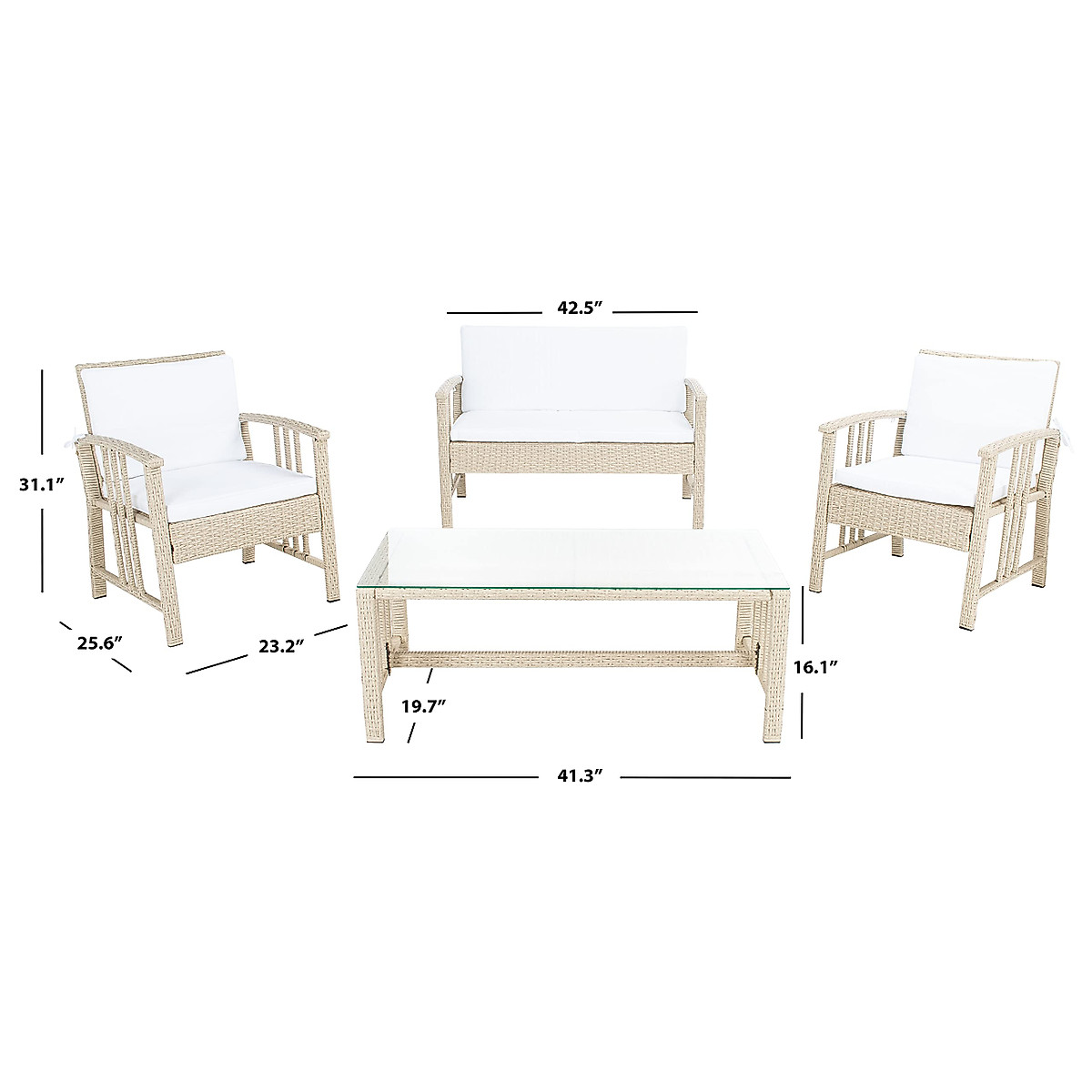 Safavieh Outdoor Collection Reslor Beige Wicker Cushion 4-Piece Living Set PAT7713B, Grey/White